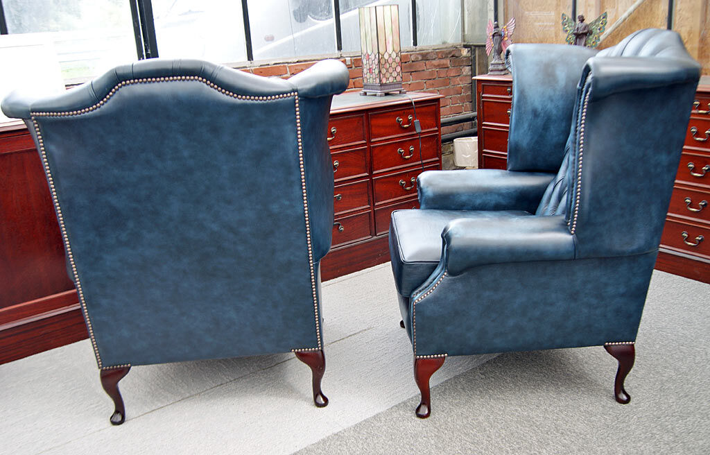 2 x Chesterfield Scroll Wing chairs antique blue leather, English ...