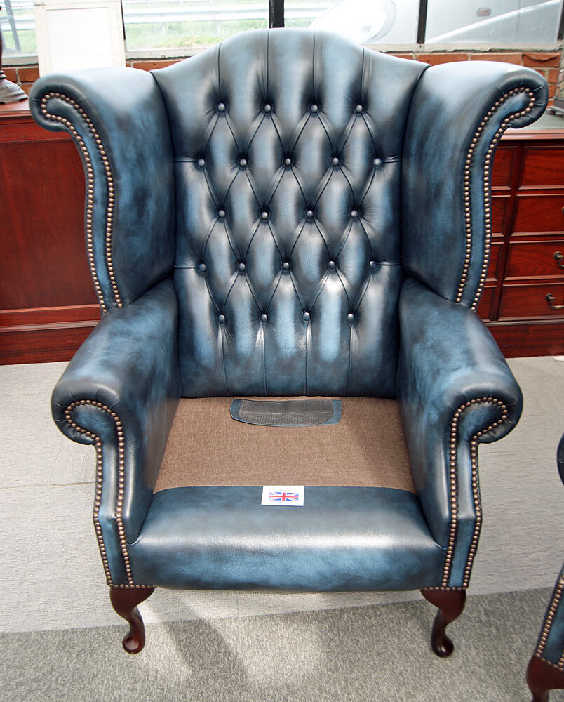 2 x Chesterfield Scroll Wing chairs antique blue leather, English ...