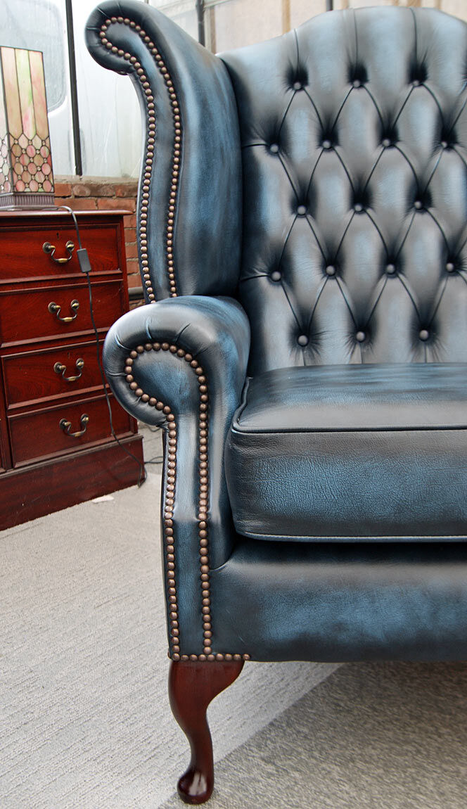 2 x Chesterfield Scroll Wing chairs antique blue leather, English ...