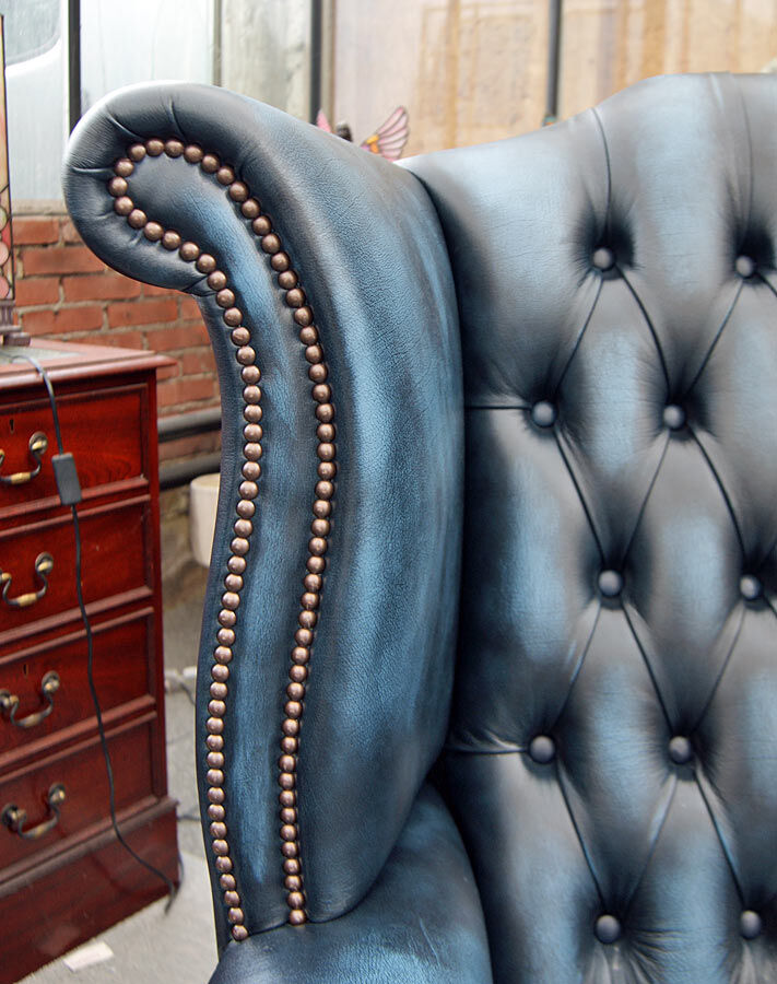 2 x Chesterfield Scroll Wing chairs antique blue leather, English ...