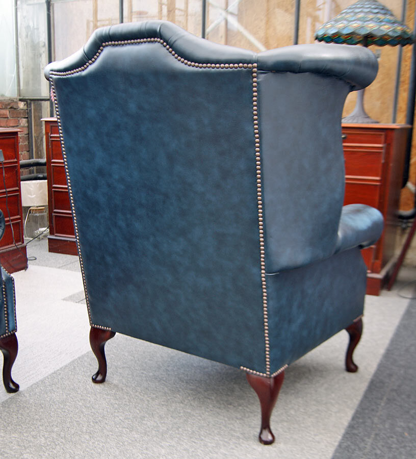 2 x Chesterfield Scroll Wing chairs antique blue leather, English ...