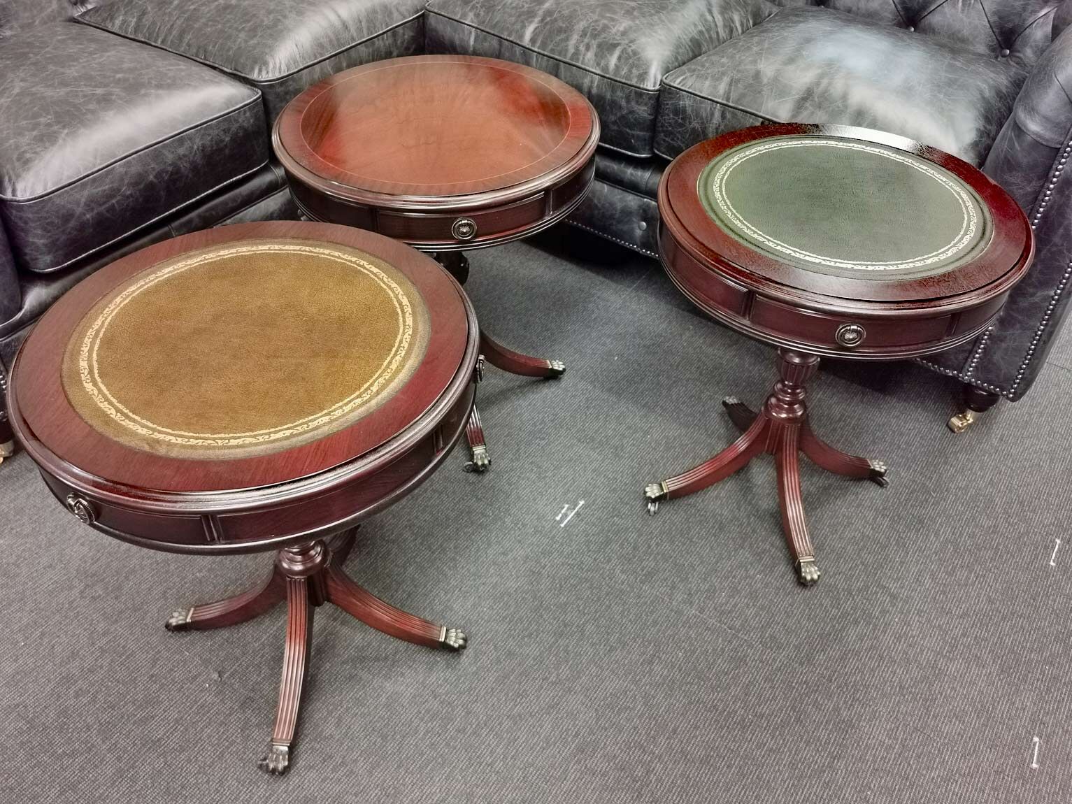 Mahogany Drum table green leather top, English Decorations
